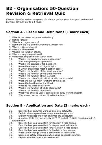 AQA B2 Organisation Revision & Retrieval Quiz | Teaching Resources