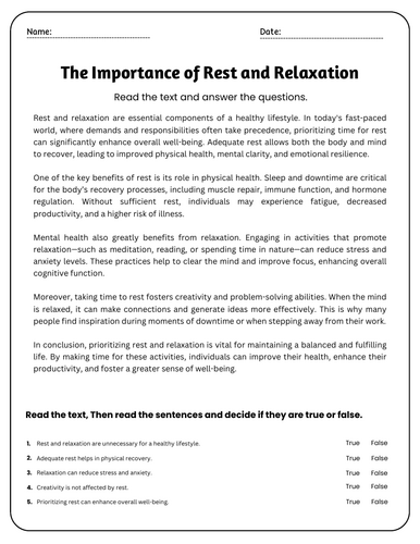 The Importance of Rest and Relaxation Reading Comprehension Passages ...