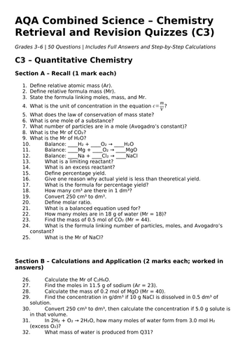AQA C3 Quantitative Chem Revision Quiz | Teaching Resources