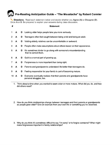 “The Moustache” by Robert Cormier Complete Unit, Vocabulary Included ...