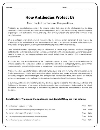 How Antibodies Protect Us Reading Comprehension Passages & Questions ...