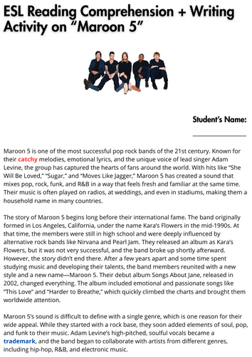 ESL Reading Comprehension + Writing Activity - Maroon 5 - Pop Rock Band ...
