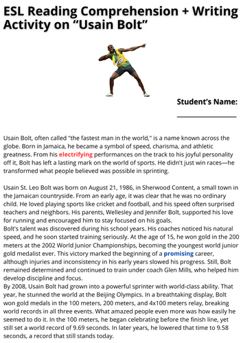 ESL Reading Comprehension + Writing Activity Worksheets - Usain Bolt ...