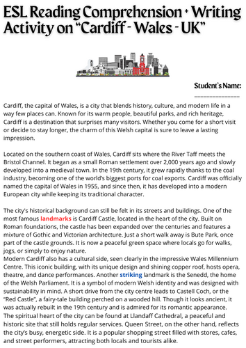 ESL Reading Comprehension + Writing Activity Worksheets - Cardiff ...
