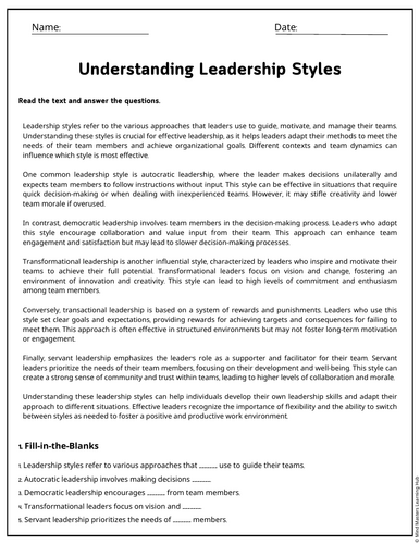 Understanding Leadership Styles Reading Comprehension Passages ...