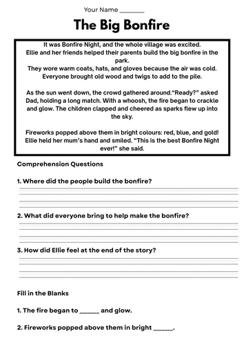 KS1 Bonfire Night Reading Comprehension Pack | 8 Fiction Stories ...