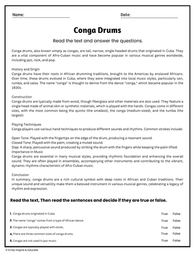 Conga Drums Reading Comprehension Passages & Questions Worksheets ...