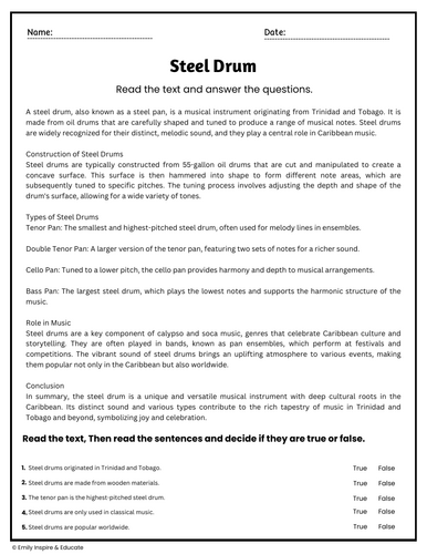 Steel Drum Reading Comprehension Passages & Questions Worksheets ...