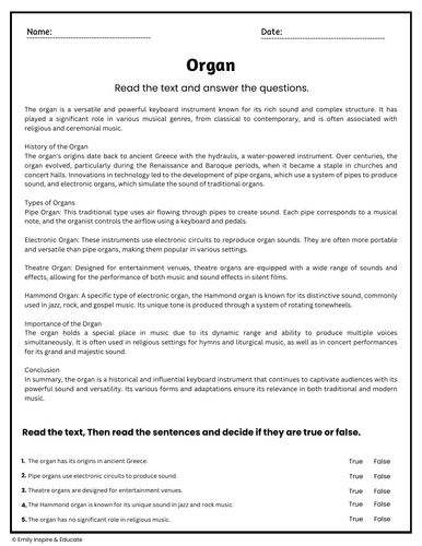 Organ Keyboard Instruments Reading Comprehension Passages & Questions ...
