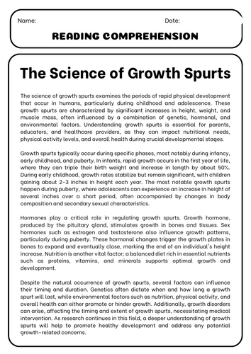 The Science of Growth Spurts: Reading Comprehension Passages ...