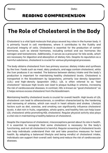 The Role of Cholesterol in the Body: Reading Comprehension Passages ...
