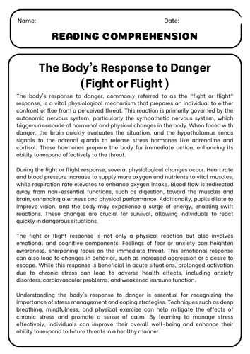 The Body’s Response to Danger (Fight or Flight): Reading Comprehension ...