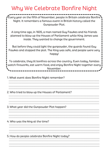 KS1 Bonfire Night Reading Comprehension & Writing Pack | 8 Activity ...