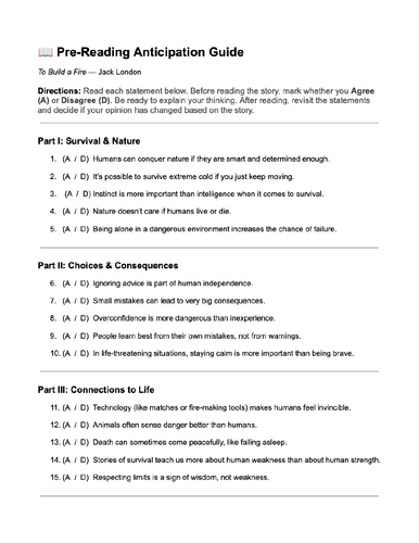 To Build a Fire" By Jack London Complete Unit, Including Vocabulary ...