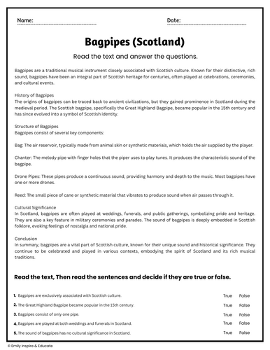 Bagpipes (Scotland) Reading Comprehension Passages & Questions ...