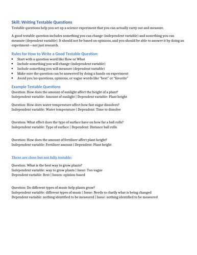 Science Skills Scientific Method Testable Research Questions Worksheet ...