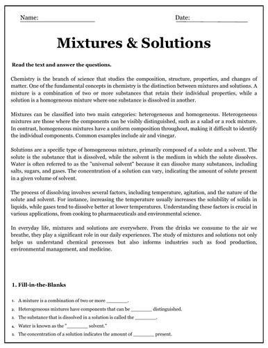 Mixtures & Solutions Reading Comprehension Passages & Questions ...