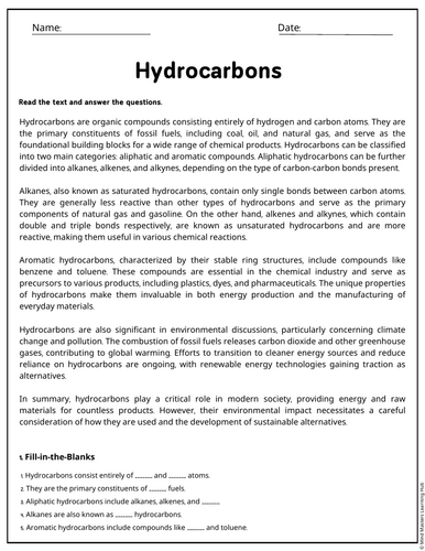 Hydrocarbons Reading Comprehension Passages & Questions Worksheets ...