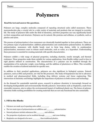 Polymers Reading Comprehension Passages & Questions Worksheets ...
