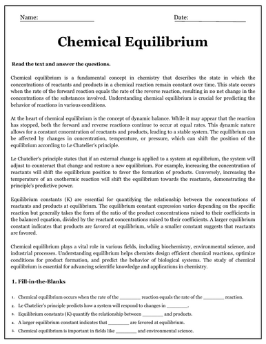 Chemical Equilibrium Reading Comprehension Passages & Questions ...