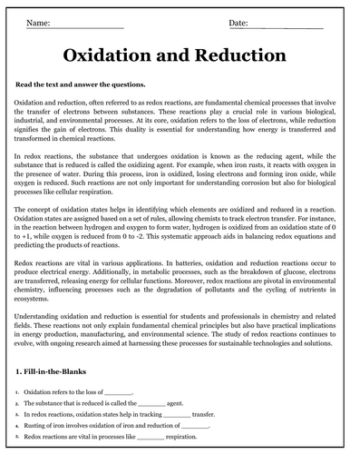Oxidation and Reduction Reading Comprehension Passages & Questions ...