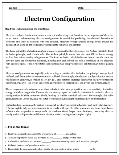 Electron Configuration Reading Comprehension Passages & Questions ...