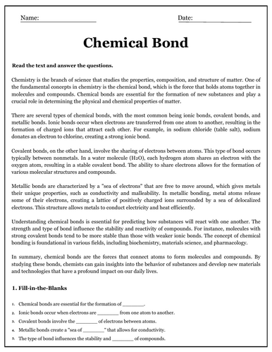 Chemical Bond Reading Comprehension Passages & Questions Worksheets ...