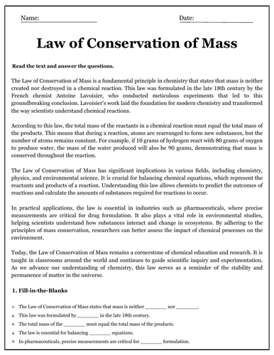 Law of Conservation of Mass Reading Comprehension Passages & Questions ...