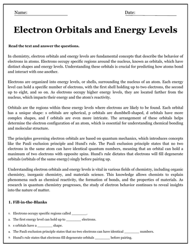 Electron Orbitals and Energy Levels Reading Comprehension Passages ...
