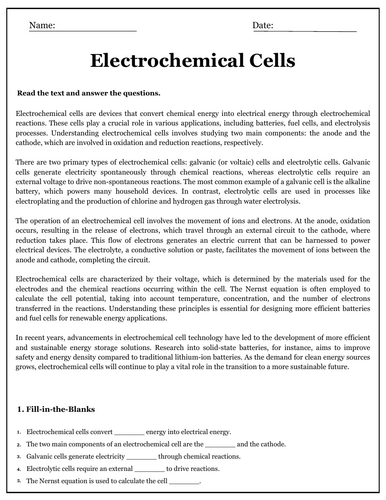 Electrochemical Cells Reading Comprehension Passages & Questions ...