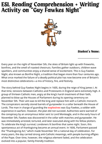 ESL Reading Comprehension + Writing Activity Worksheets - Guy Fawkes ...