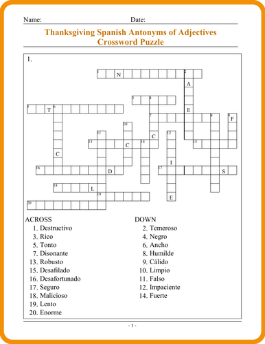 Adjective Antonyms Fiesta! Thanksgiving Spanish Opposites Crossword ...