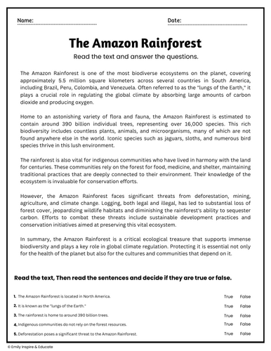 The Amazon Rainforest Reading Comprehension Passages & Questions ...