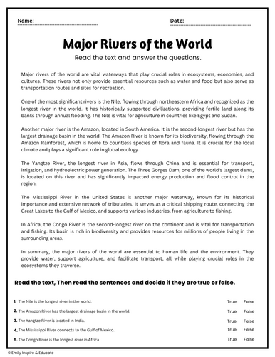 Major Rivers of the World Reading Comprehension Passages & Questions ...