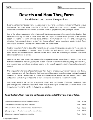 Deserts and How They Form Reading Comprehension Passages & Questions ...