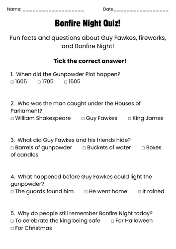 Bonfire Night Quiz | Guy Fawkes Activities KS1– KS2 | 5 Printable Fun ...