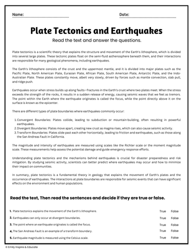 Plate Tectonics and Earthquakes Reading Comprehension Passages ...