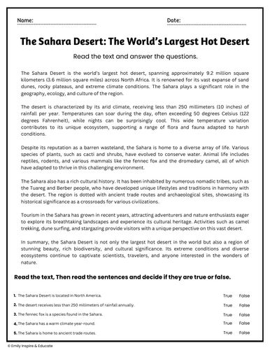 The Sahara Desert: The World’s Largest Hot Desert Reading Comprehension ...