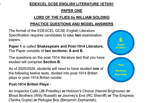 EDEXCEL GCSE English Literature - Lord of the Flies - 6 Practice Q & A ...