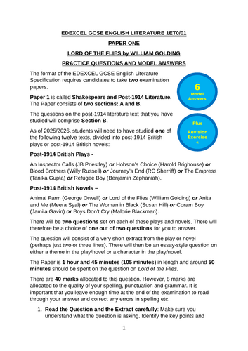 EDEXCEL GCSE English Literature - Lord of the Flies - 6 Practice Q & A ...