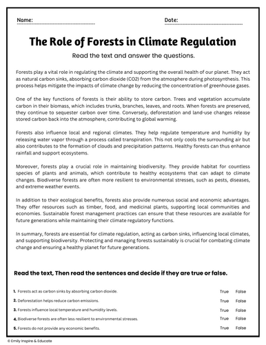 The Role of Forests in Climate Regulation Reading Comprehension ...