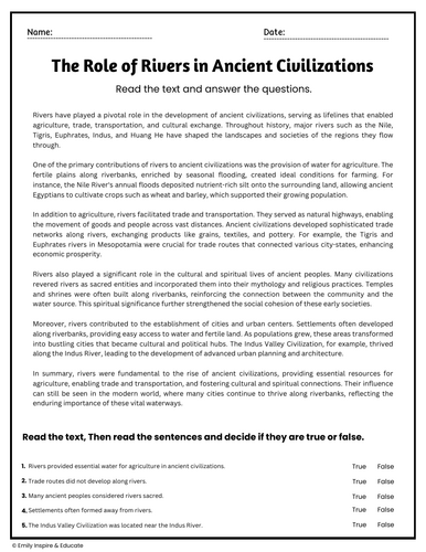 The Role of Rivers in Ancient Civilizations Reading Comprehension ...