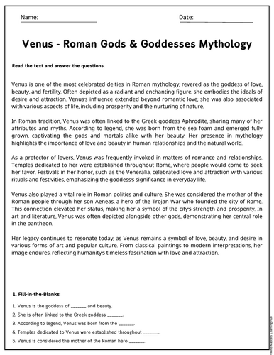 Venus - Roman Gods & Goddesses Mythology Reading Comprehension Passages ...