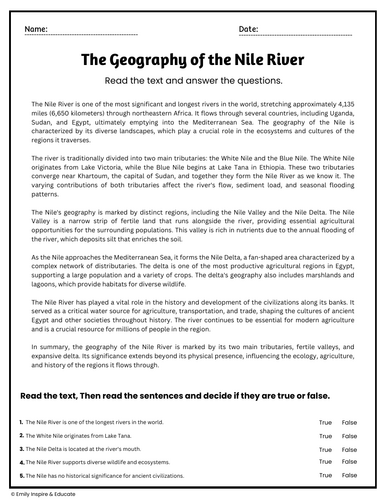 The Geography of the Nile River Reading Comprehension Passages ...