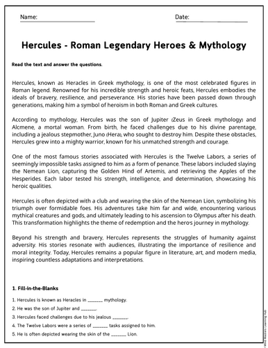 Hercules - Roman Legendary Heroes & Mythology Reading Comprehension ...