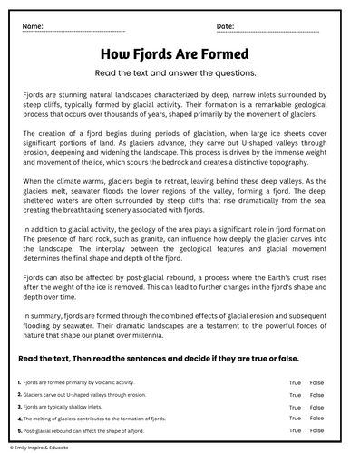 How Fjords Are Formed Reading Comprehension Passages & Questions ...
