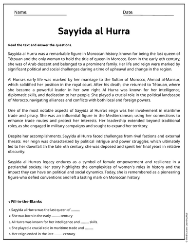 Sayyida al Hurra Reading Comprehension Passages & Questions Worksheets ...