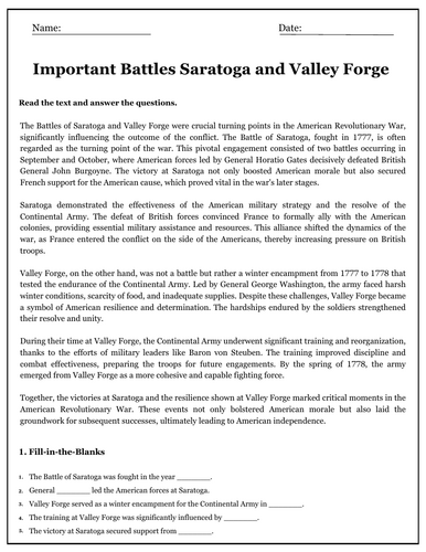 Important Battles: Saratoga and Valley Forge Reading Comprehension ...