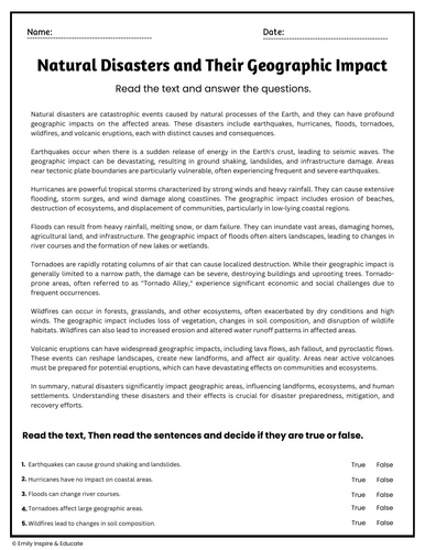 Natural Disasters and Their Geographic Impact Reading Comprehension ...