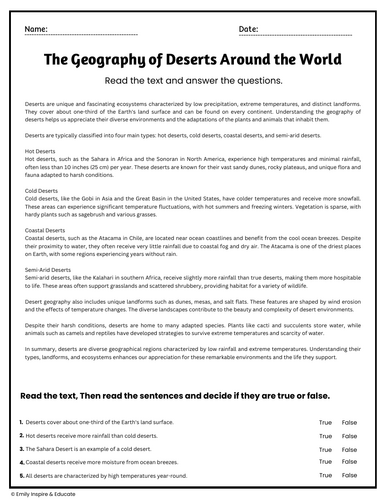 The Geography of Deserts Around the World Reading Comprehension ...